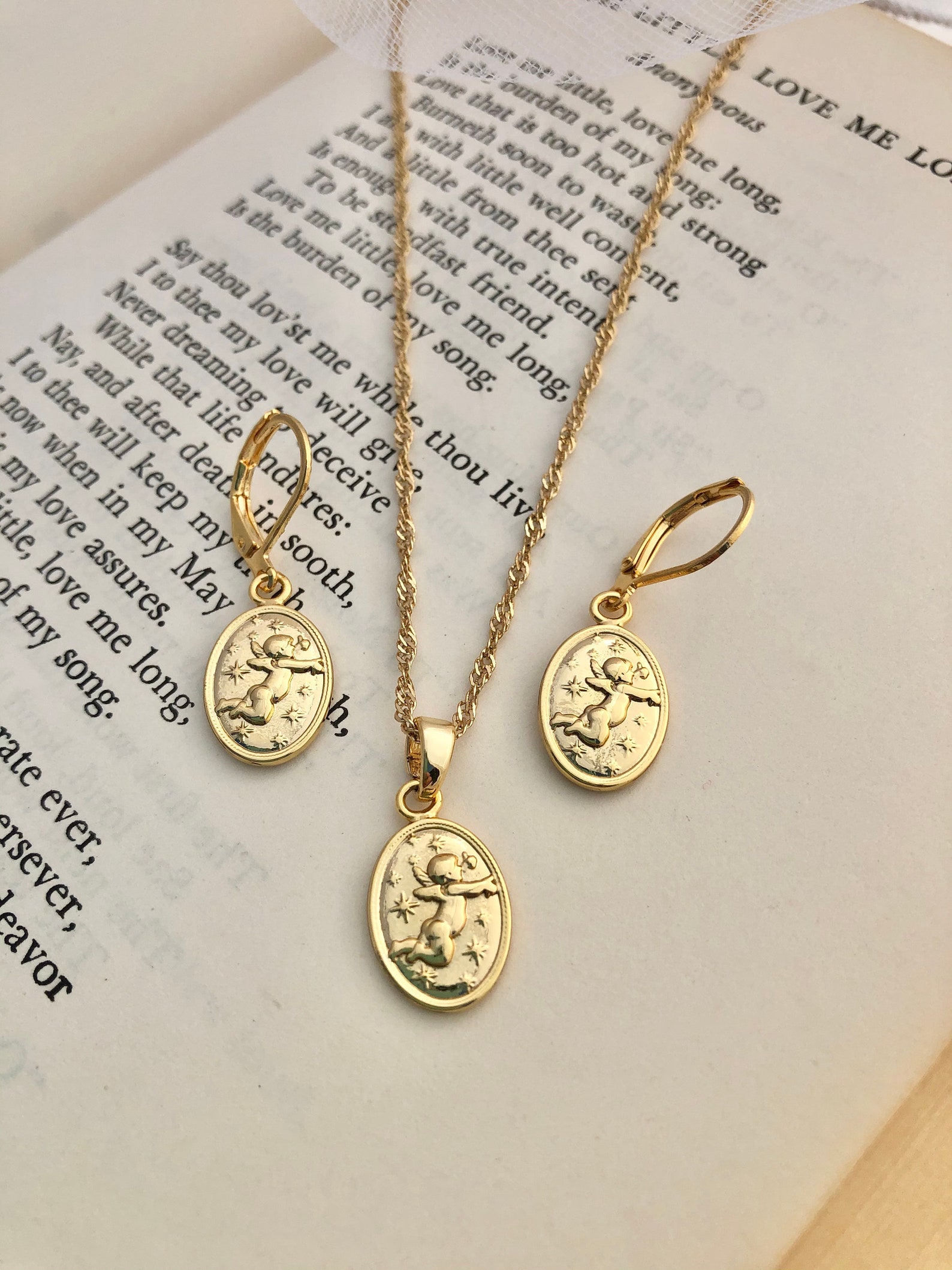 18K Gold Plated Oval Cupid Coin Necklace & Earrings Cupid | Etsy
