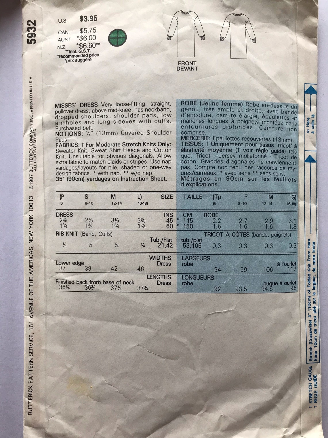 1987 Butterick 5932 1980s Dress Sewing Pattern Vintage, Very Easy Women ...