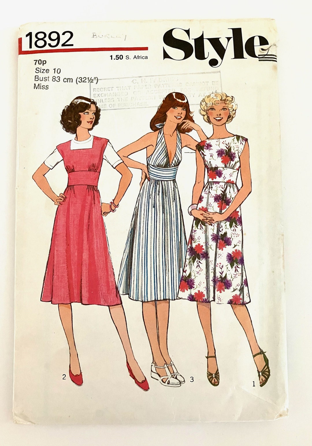 Style 1892 Sewing Pattern 1977 Misses Three Dresses / Pinafore / Halter ...