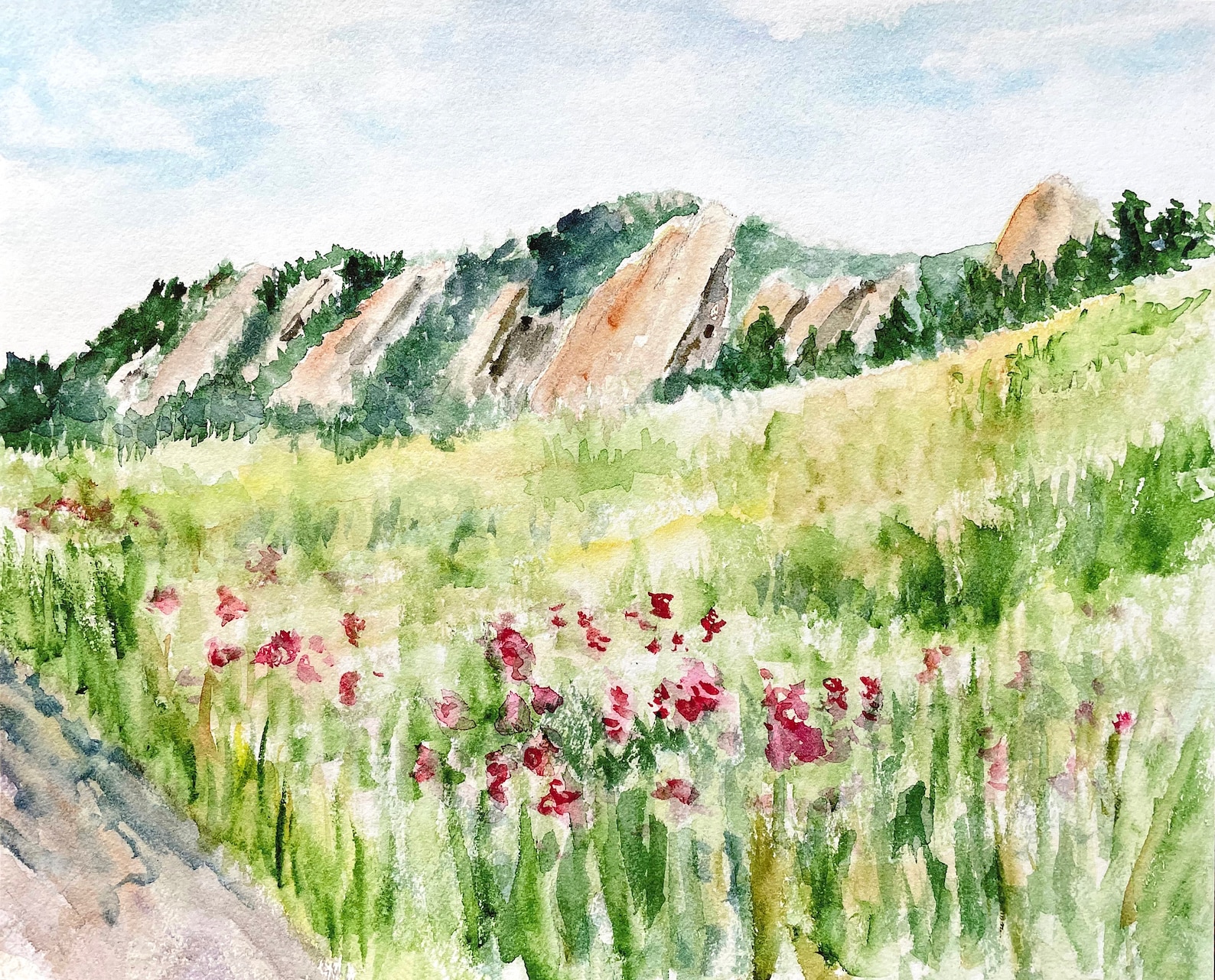 Boulder Flatirons in Spring Watercolor Giclée Print, Colorado Landscape ...