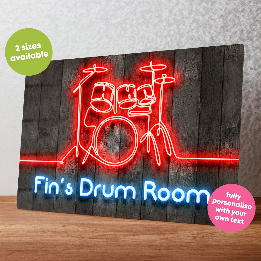 Personalised Neon Effect Drum Room Sign – Custom Drumming Wall Plaque ...