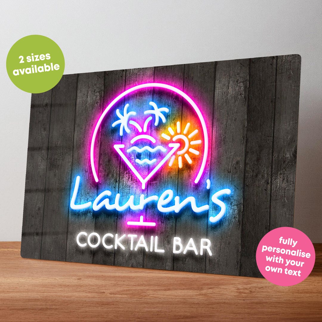 Personalised Neon Effect Cocktail Bar Sign – Custom Metal Garden Bar ...