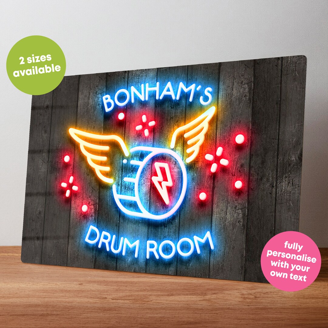 Personalised Neon Effect Drum Room Sign / Personalised Drumming Wall ...