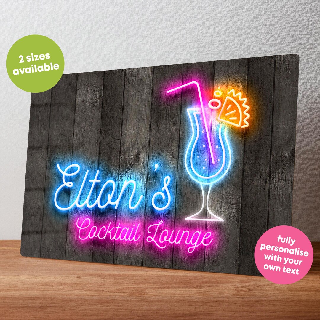 Personalised Neon Effect Cocktail Bar Sign – Custom Metal Garden Bar ...