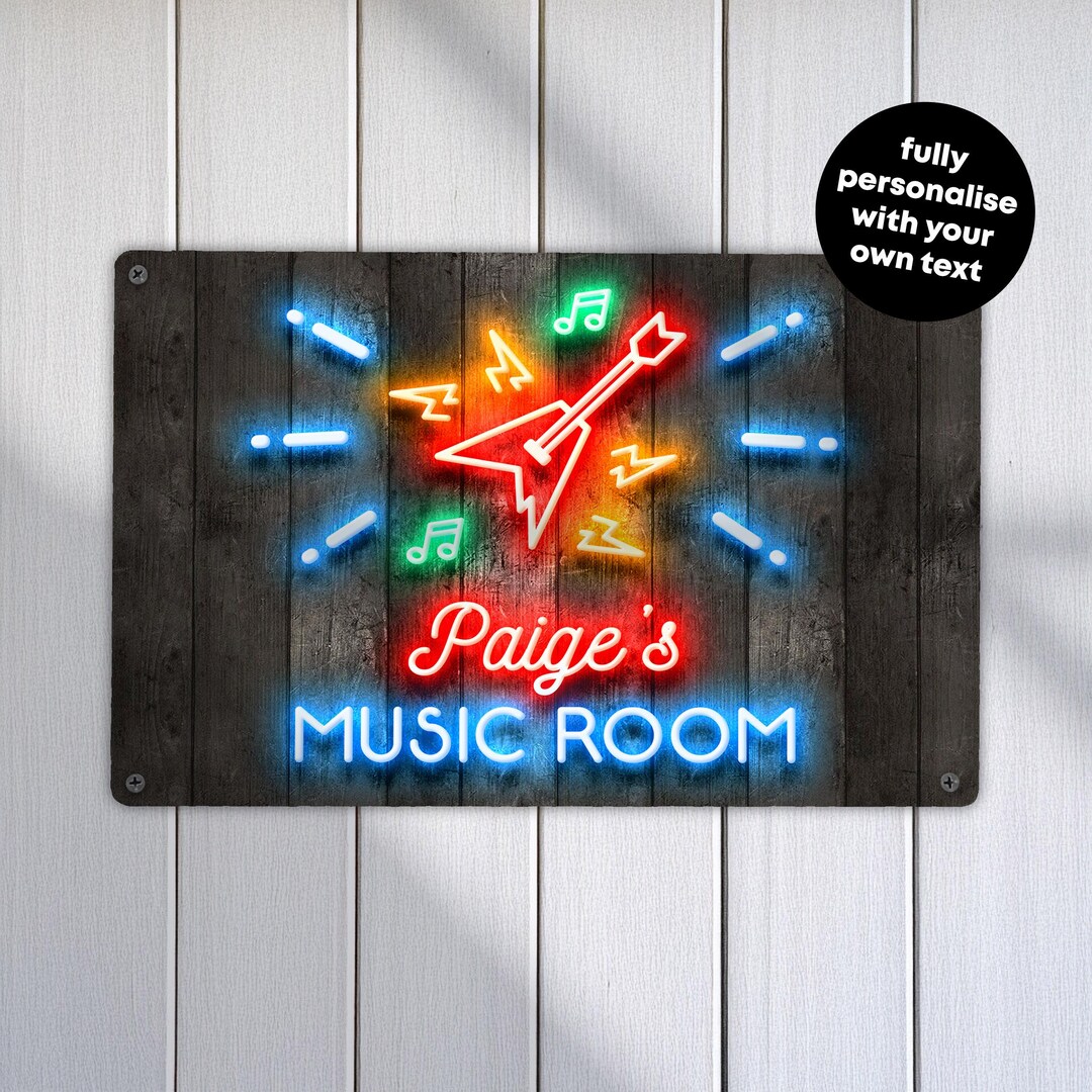 Personalised Neon Effect Music Room Sign: Custom Guitar Metal Wall Art ...