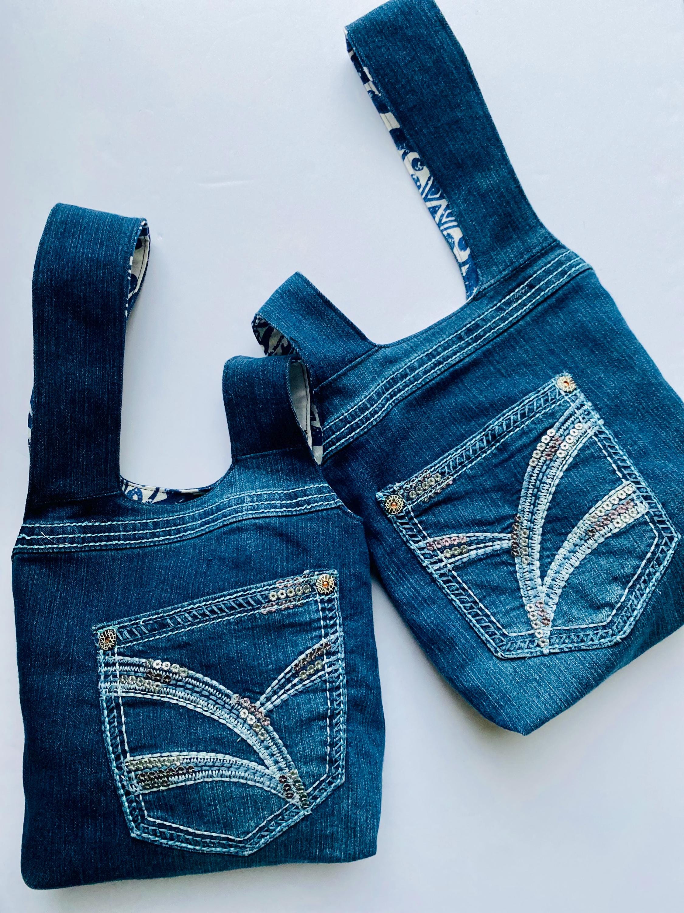Blue Denim Japanese Knot Bag, Reversible Wristlet Handbag - Etsy