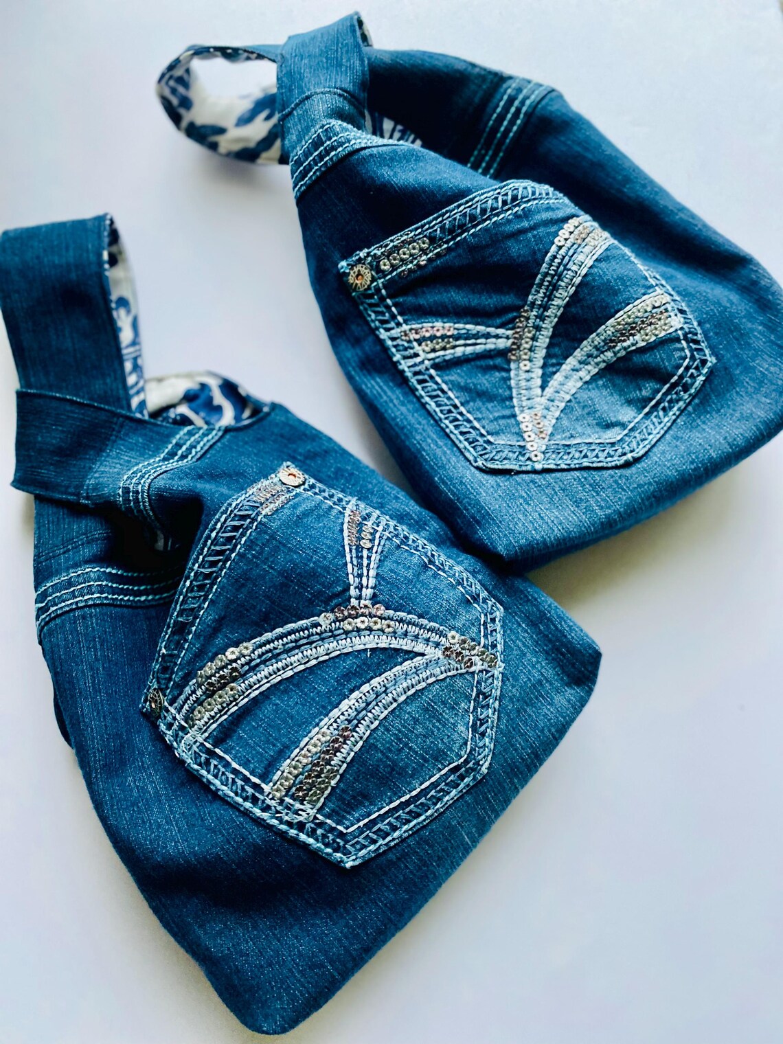 Blue Denim Japanese Knot Bag, Reversible Wristlet Handbag - Etsy
