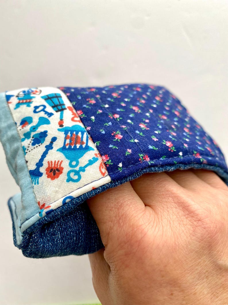 Quilted Patchwork Denim Hot Pot Holder, Heavy Padded Oven Mitt, Thumb ...