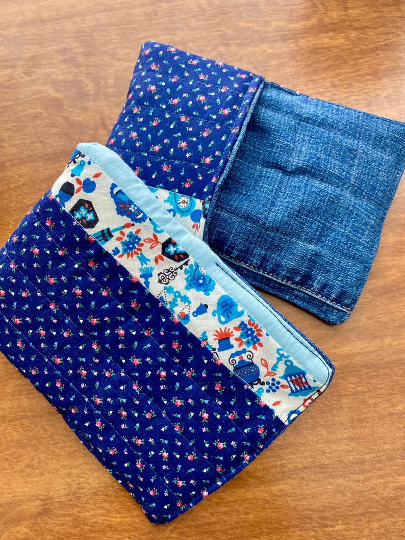 Quilted Patchwork Denim Hot Pot Holder, Heavy Padded Oven Mitt, Thumb ...