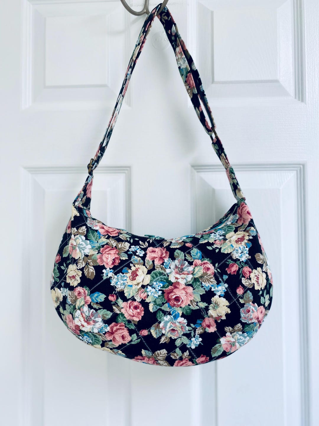 Quilted Floral Hobo Sling Bag, Half-moon Crossbody Bag 3 Pockets ...