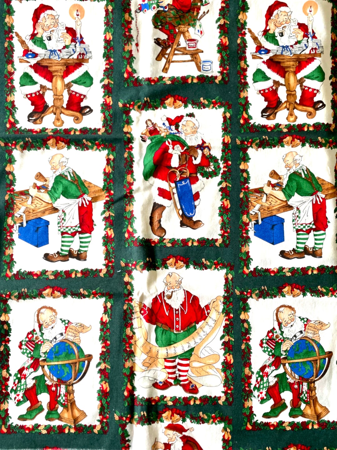 Vintage Santa Fabric, Christmas Cotton Fabric, Christmas Block Print ...