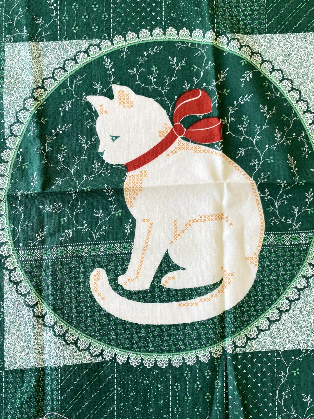 Cat Fabric Panel for Quilting, 2 White Cats With Red Bows on Green to ...