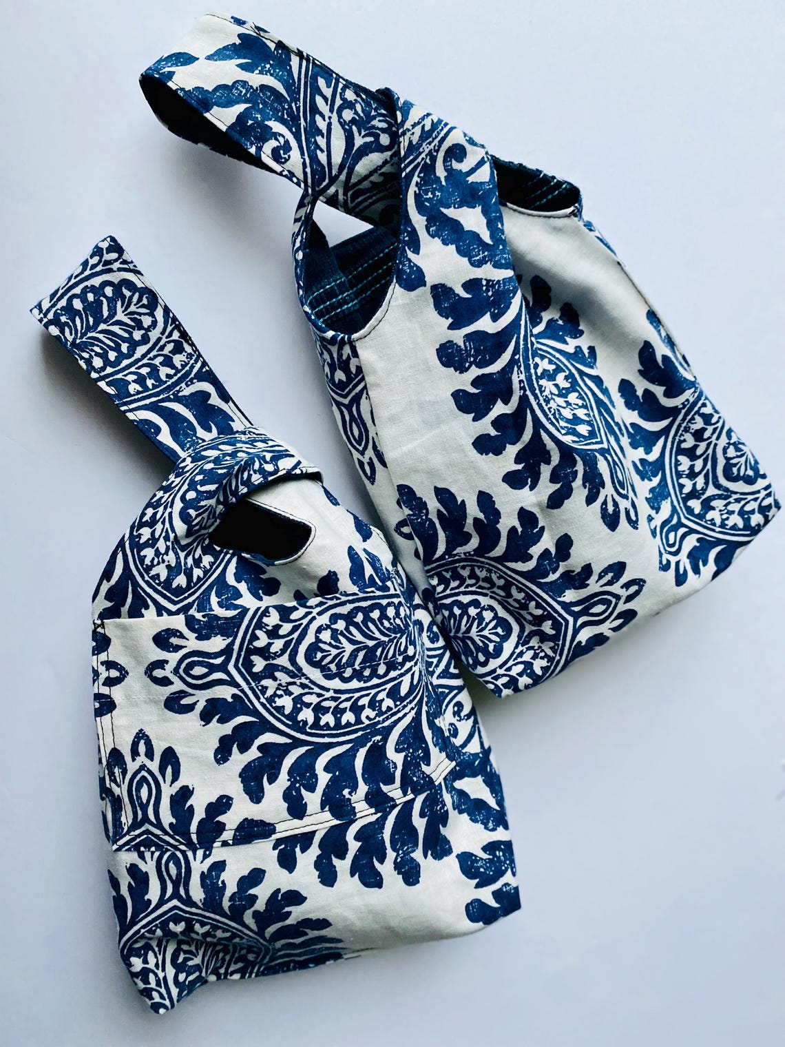 Blue Denim Japanese Knot Bag, Reversible Wristlet Handbag - Etsy