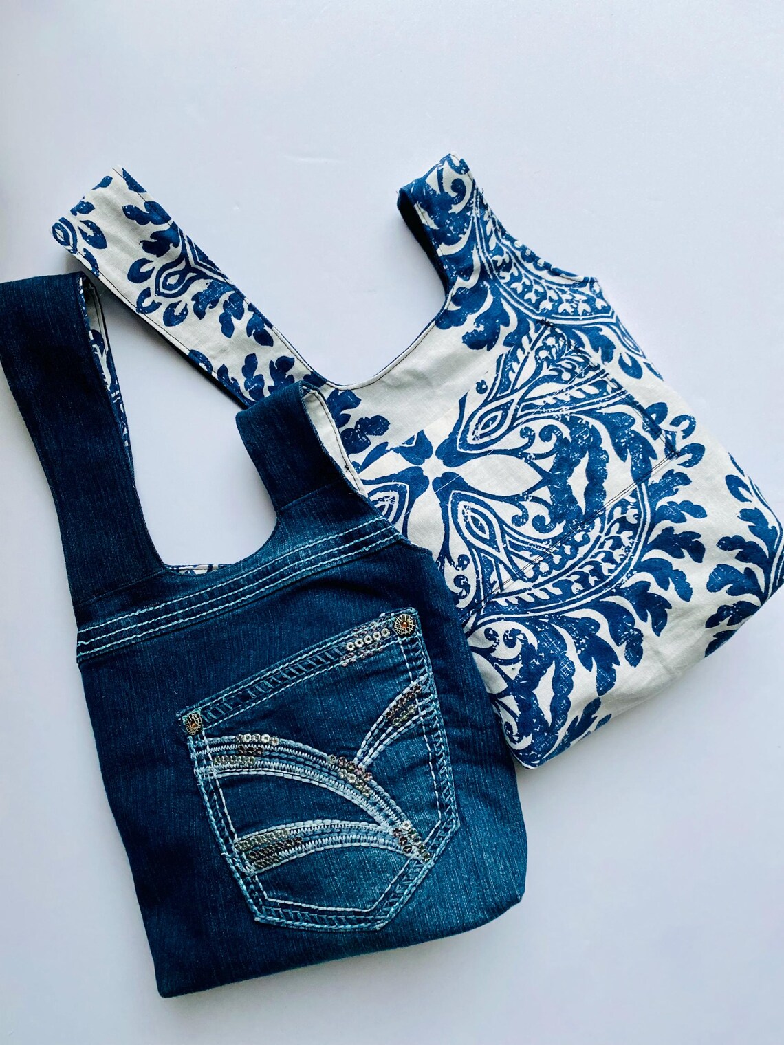 Blue Denim Japanese Knot Bag, Reversible Wristlet Handbag - Etsy