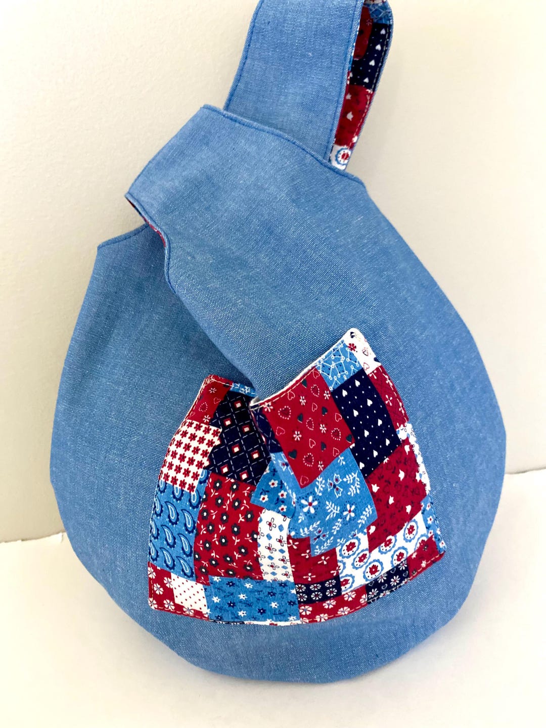 Handmade Blue Japanese Knot Bag: Reversible Wrist Bag With Pocket - Etsy