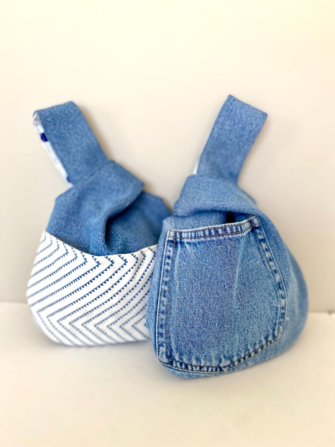 Upcycled Denim Japanese Knot Bag: Reversible Wristlet With Exterior ...