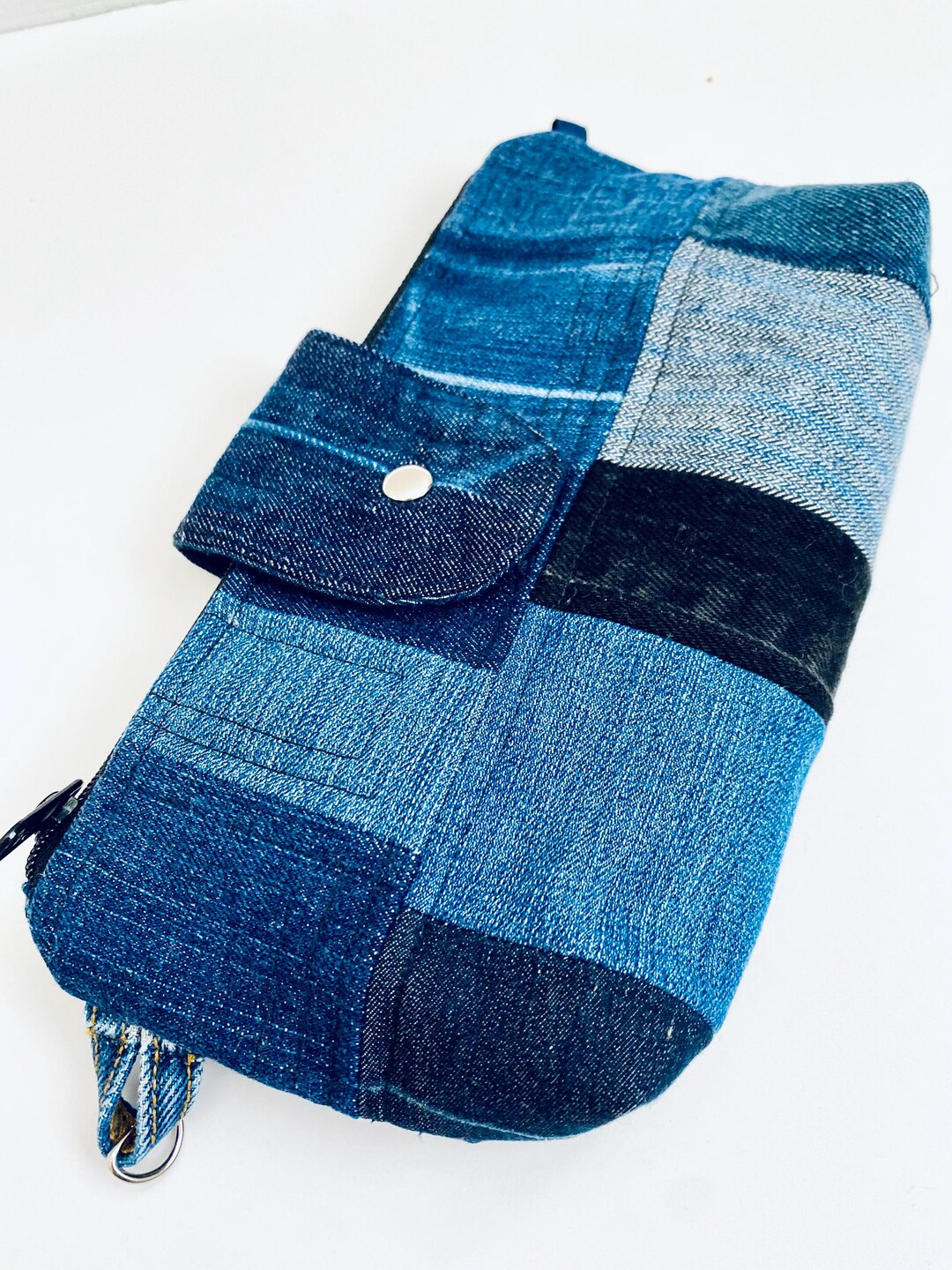 Upcycle Blue Black Denim Zipper Wallet With Flap, Quilted Denim ...