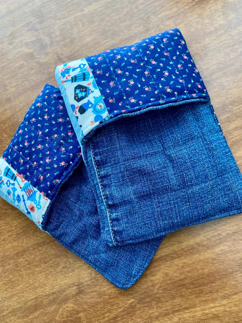 Quilted Patchwork Denim Hot Pot Holder, Heavy Padded Oven Mitt, Thumb ...