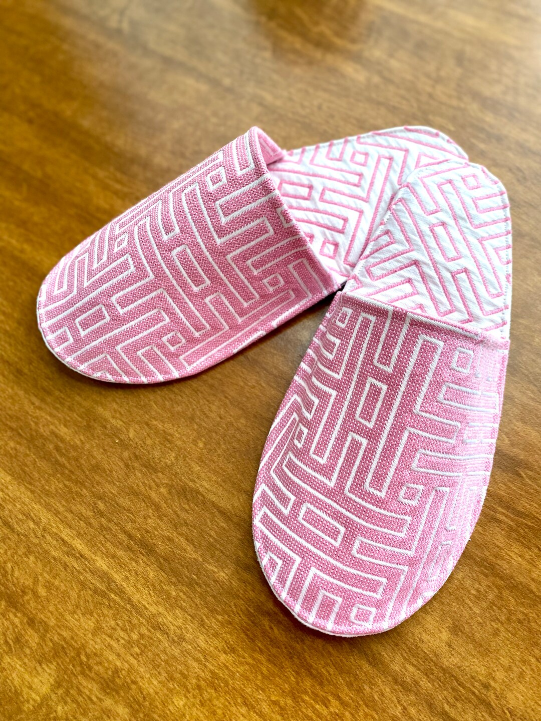Handmade Indoor Lady Slippers, Made to Order Room Shoes, Pink Geometric ...