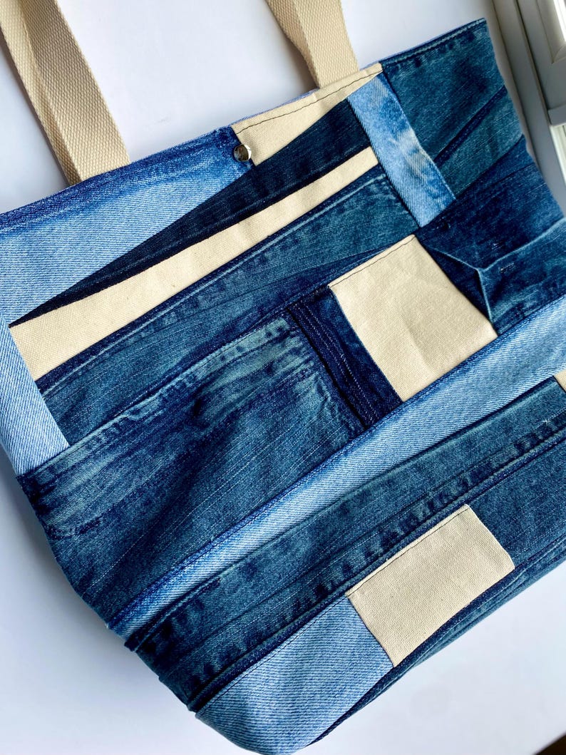 Upcycled Denim Patchwork Tote Bag: Quilted Jeans, Magnetic Closure - Etsy