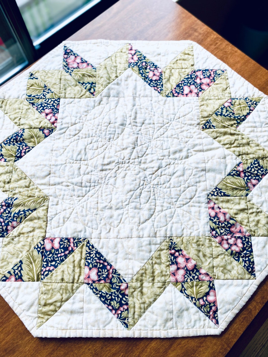 Octagon Quilted Table Topper, Beige Coffee Table Topper, Patchwork ...