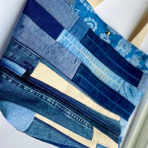 Upcycled Denim Patchwork Tote Bag: Quilted Jeans, Magnetic Closure - Etsy