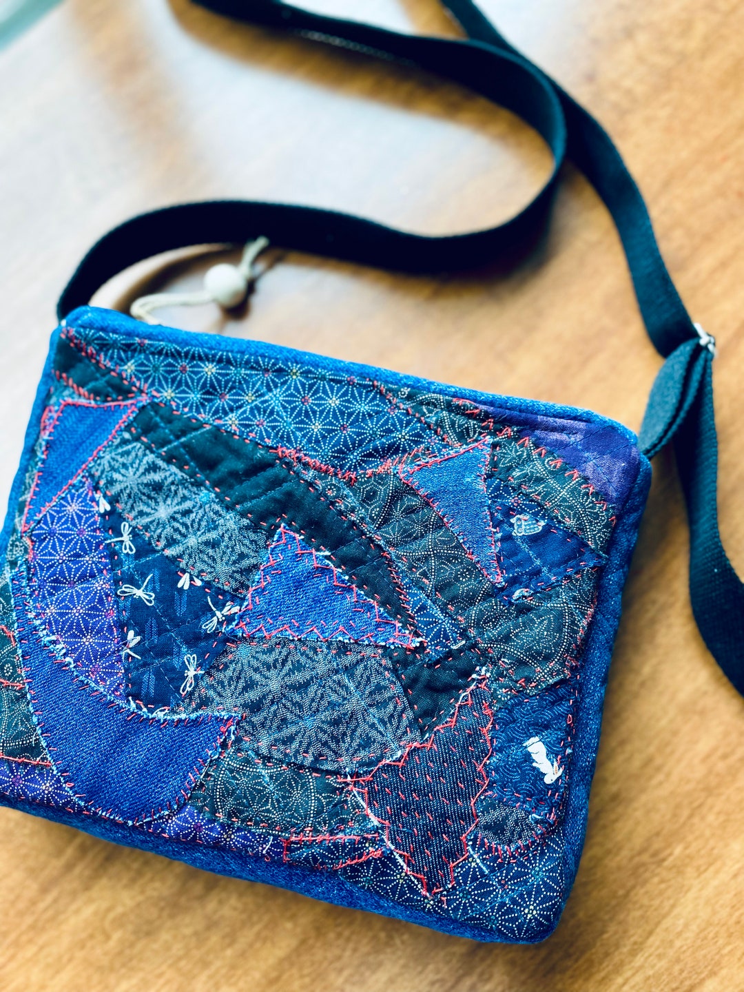 Japanese Boro Crossbody Zipper Closure Denim Bag, Slow Stitching ...