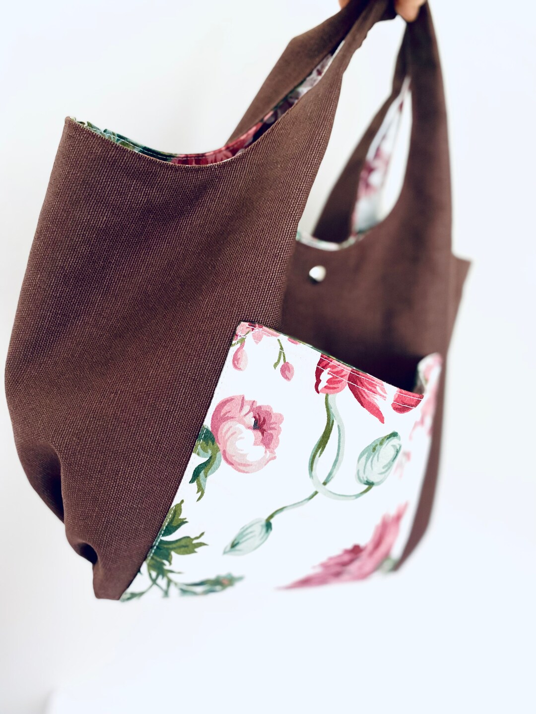 Floral Canvas Tote, Reversible Top Handle Hand Sewn Bag, Minimalist ...