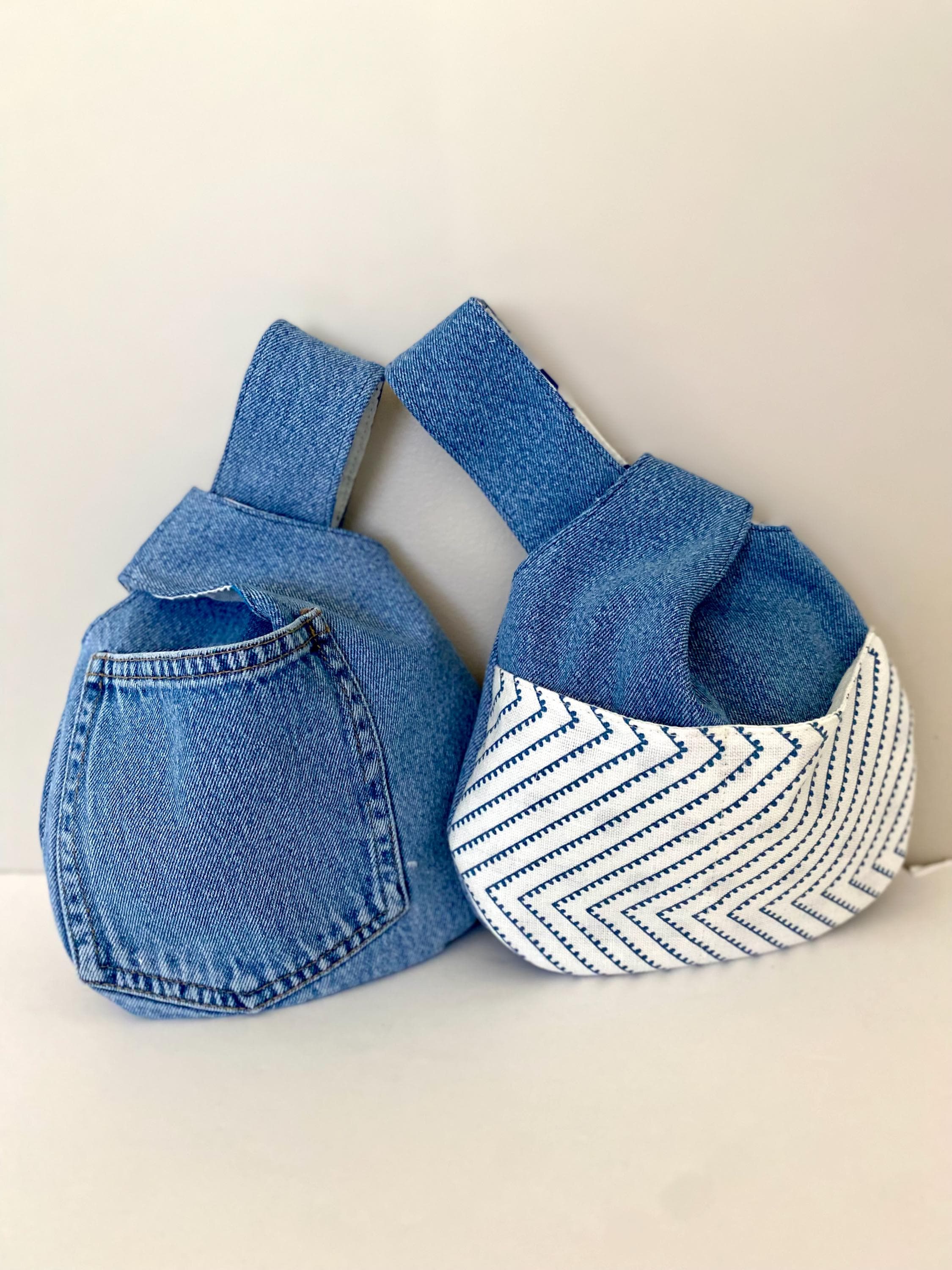Upcycled Denim Japanese Knot Bag: Reversible Wristlet With Exterior ...
