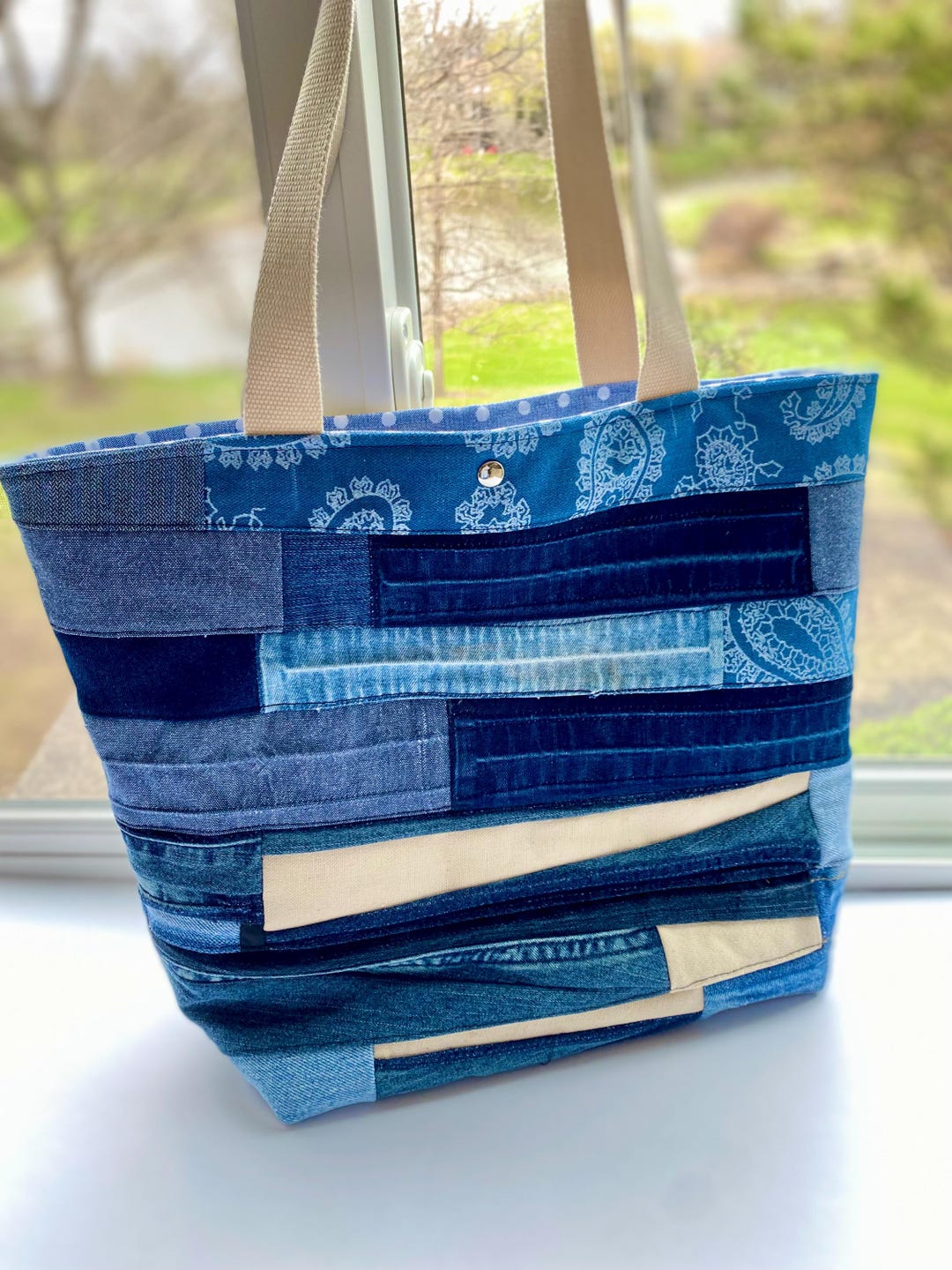 Upcycled Denim Patchwork Tote Bag: Quilted Jeans, Magnetic Closure - Etsy