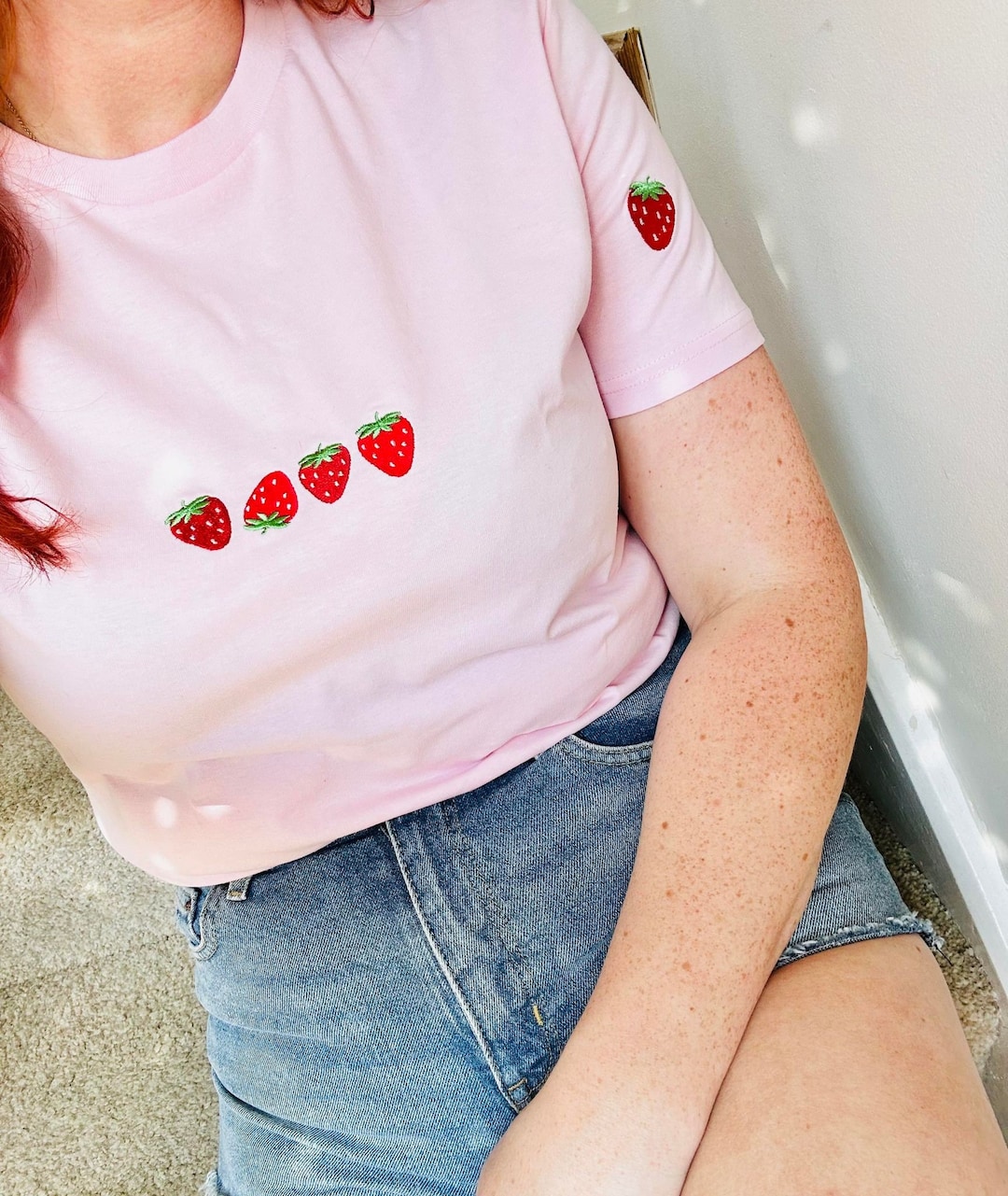 Embroidered Strawberries T-shirt - Ladies Pink Organic Summer Top - Etsy UK