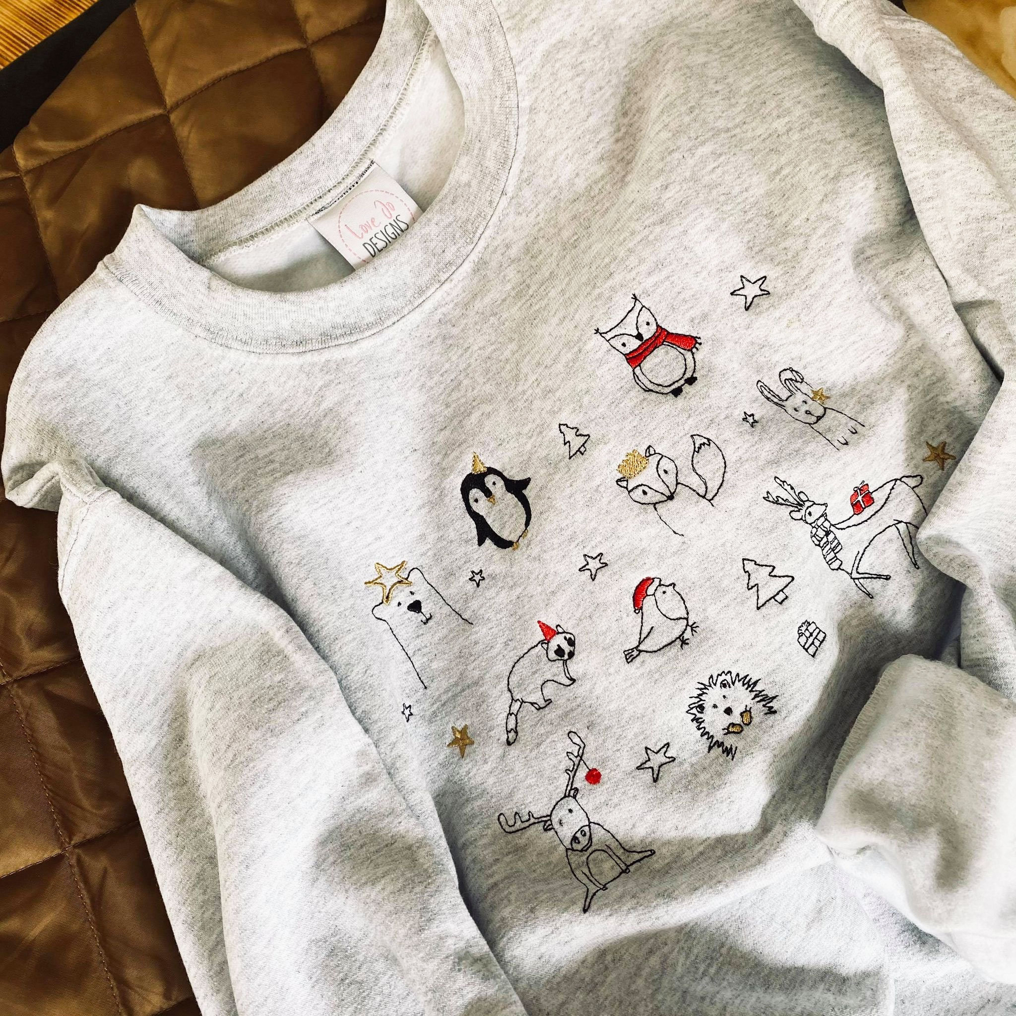 Embroidered Christmas Jumper - Cute Hand Drawn Festive Animals - Etsy UK