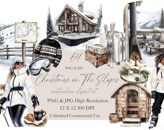 Winter Ski Resort Clipart Watercolour Cozy Chalet Illustration Snow Day ...