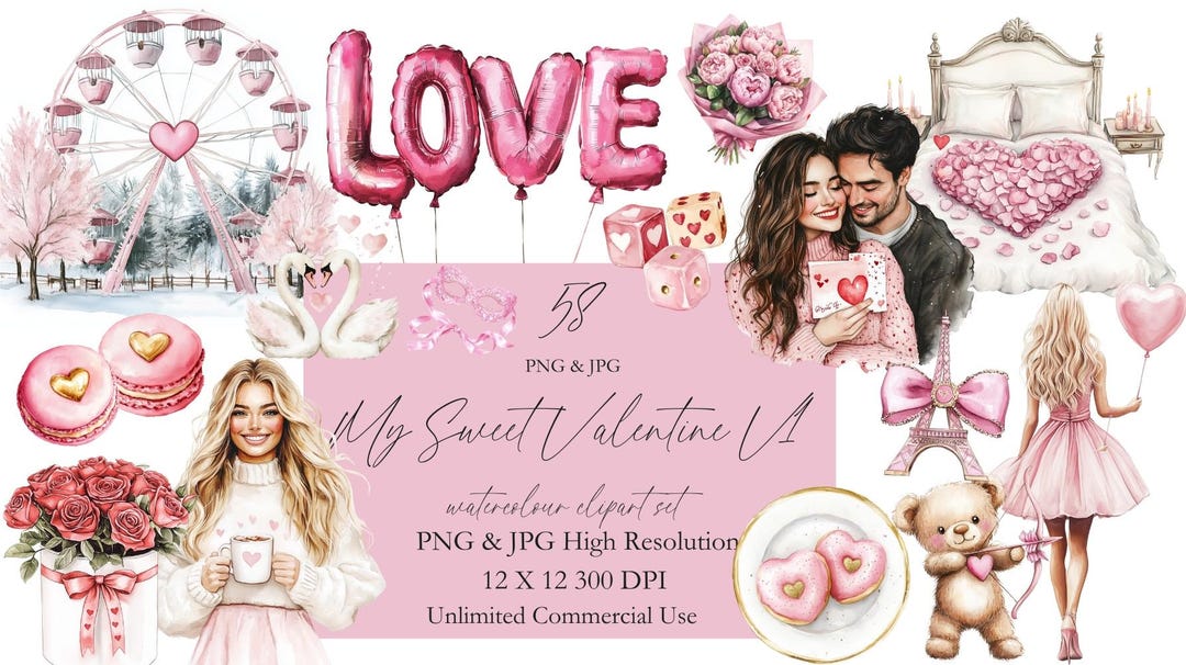 Valentine’s Day Planner Girl Clipart, Blush Pink Hearts Pngs, Romantic ...