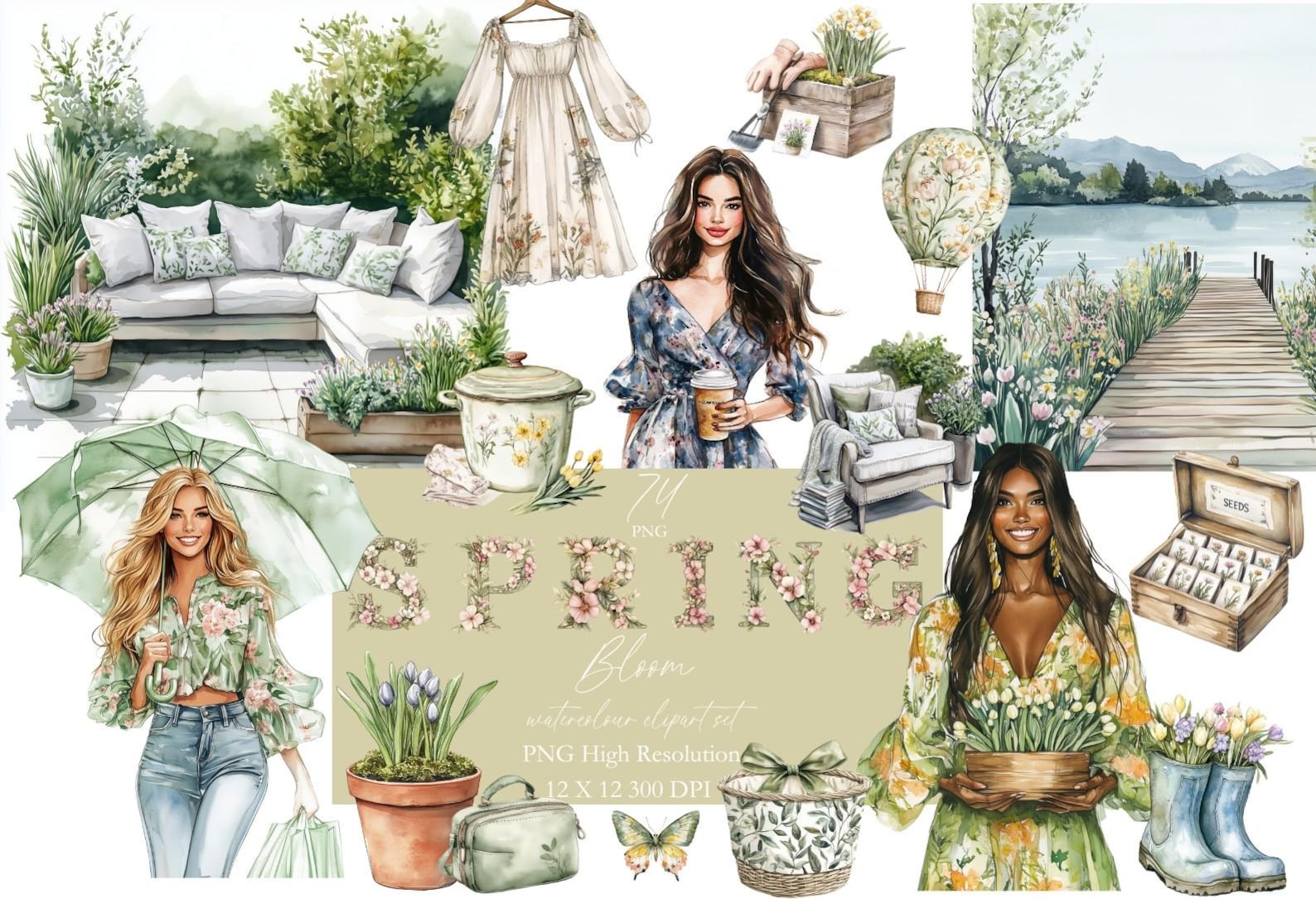 Spring Blooms Planner Clipart Floral Planner Girl Watercolor Journaling ...