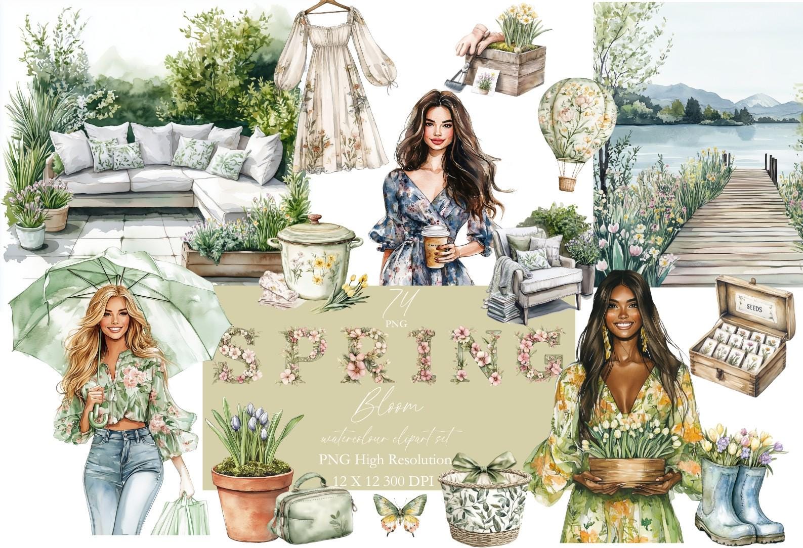 Spring Blooms Planner Clipart Floral Planner Girl Watercolor Journaling ...