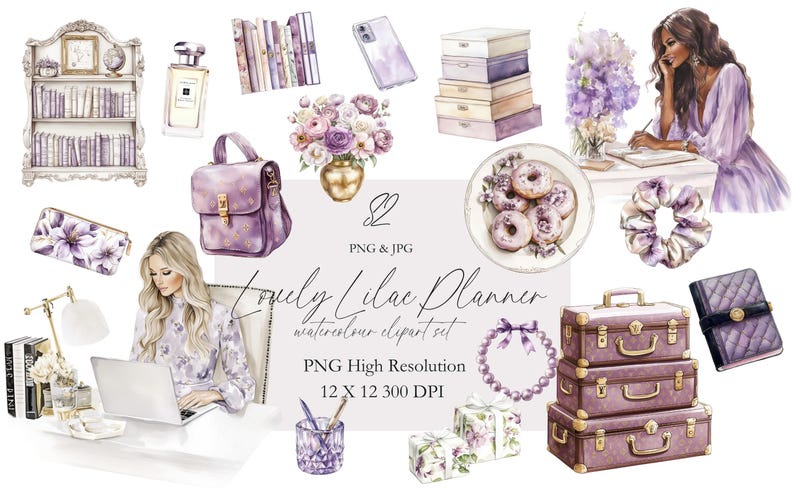 Lovely Lilac Planner Clipart Floral Planner Girl Watercolor Journaling ...