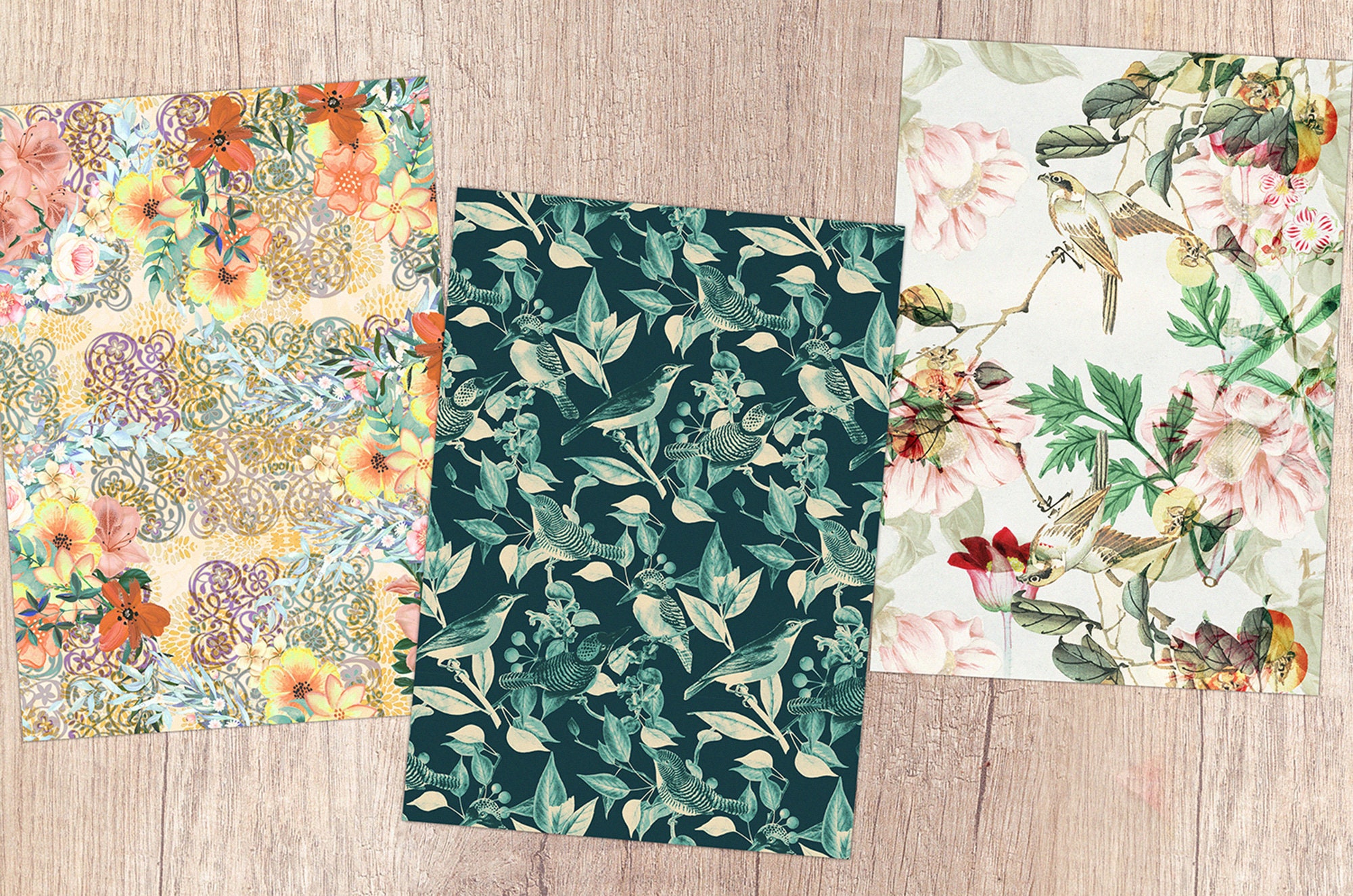 COTTAGECORE Botanical Digital Papers Vintage Flowers and Birds Collage ...