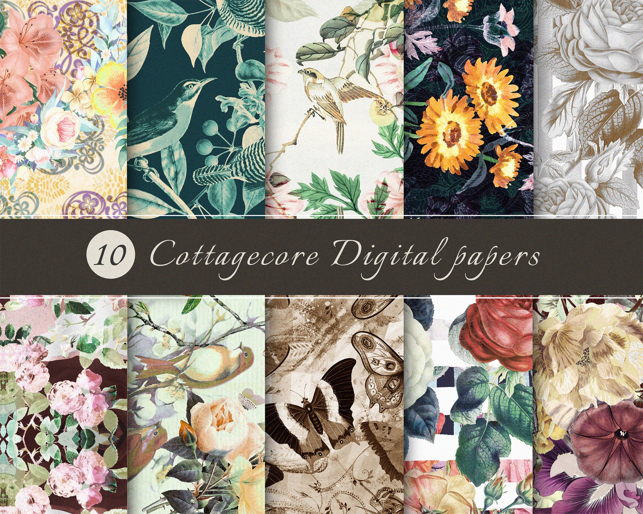 COTTAGECORE Botanical Digital Papers Vintage Flowers and Birds Collage ...