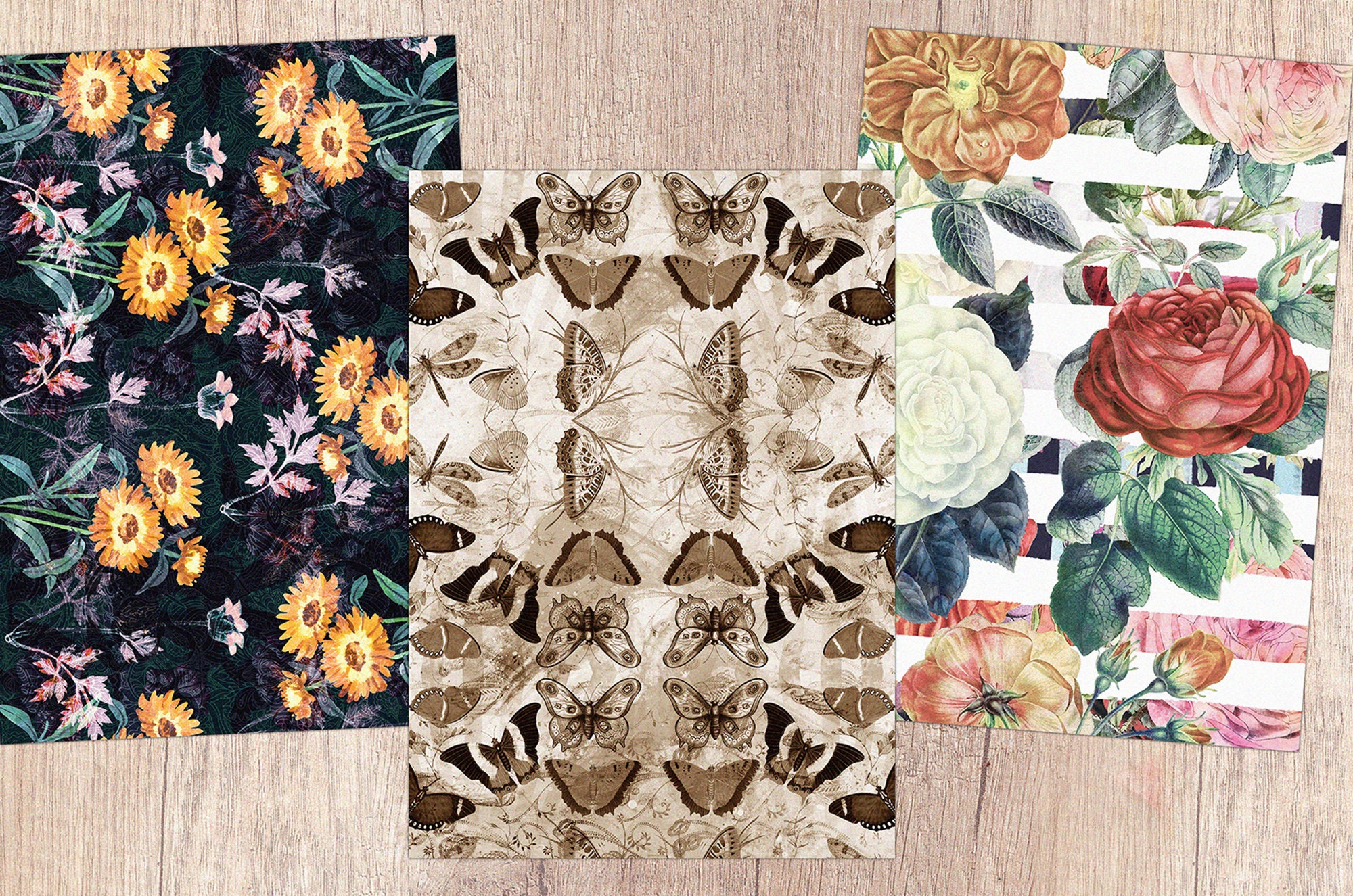 COTTAGECORE Botanical Digital Papers Vintage Flowers and Birds Collage ...