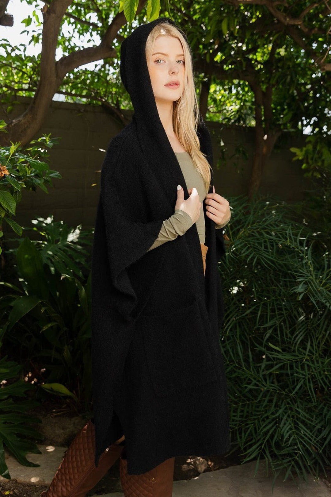 Black Ruana With Hood, Unisex Hooded Poncho, Cozy Plush Solid Color ...