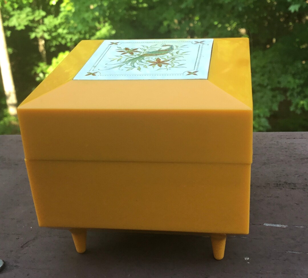 MCM Plastic Music Box - Retro Yellow Lady Mate Footed Music Box From ...