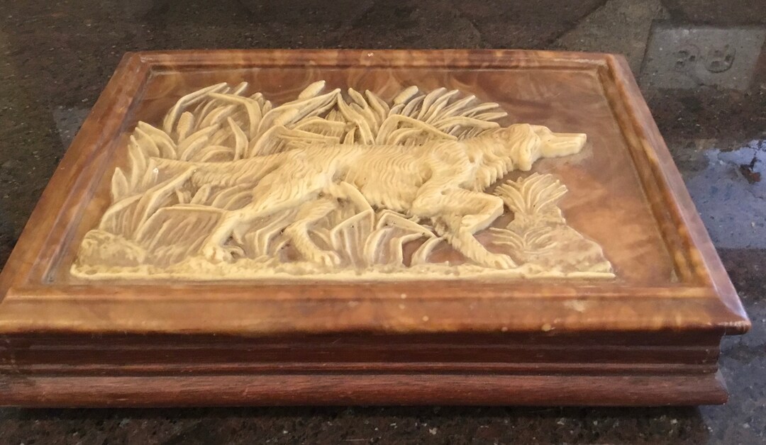 Dante Mahogany Men’s Valet Box - Mid Century Incolay Golden Retriever ...