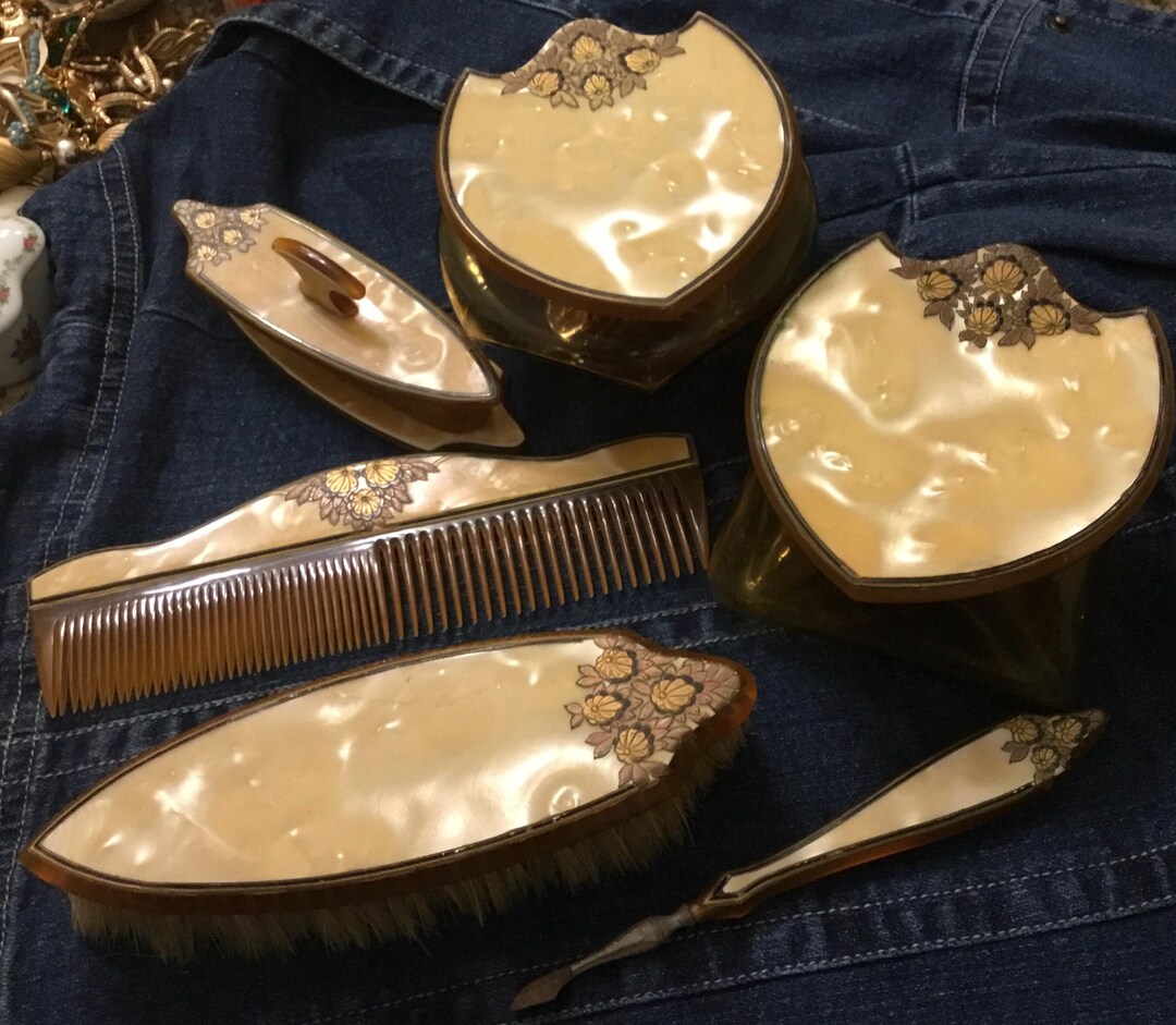 Antique Dresser Set - Butterscotch Bakelite Art Nouveau Set - 6 Pieces ...