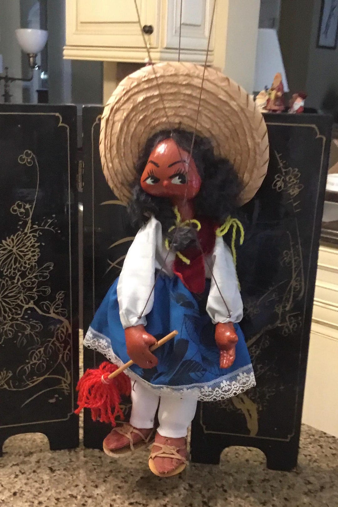 Vintage Mexican Folk Art Puppet Doll - Hand Made Oil Cloth Puppet ...