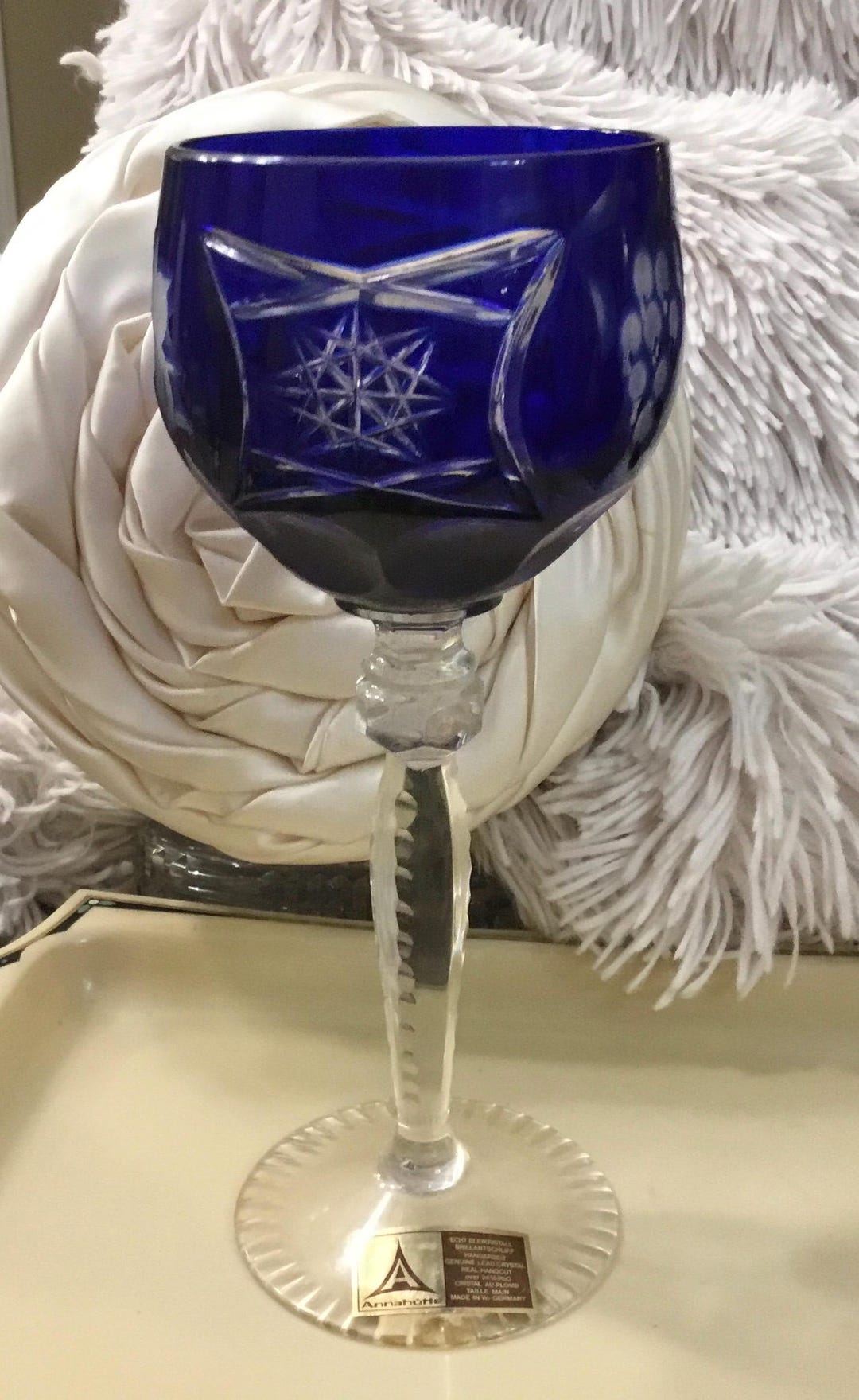 German Cut Crystal Wine Glass Goblet - Cobalt Blue - Grape and Star ...