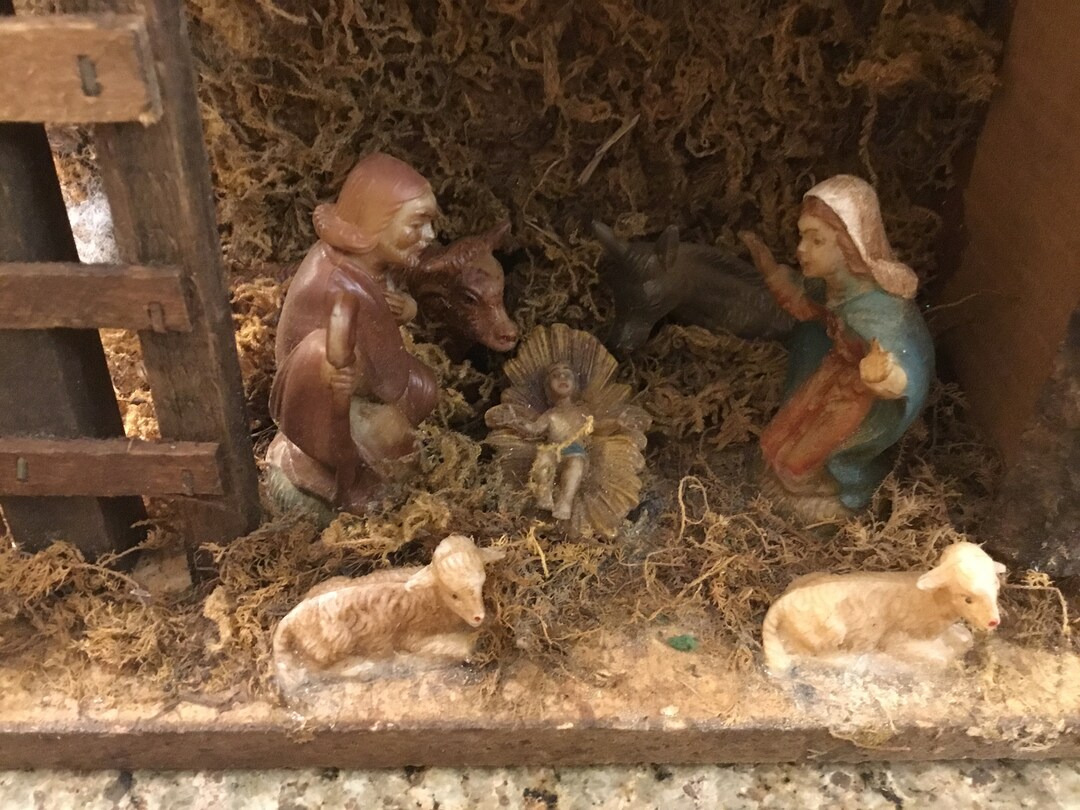 Vintage Celluloid Christmas Nativity - Holy Family in Wooden Manger ...