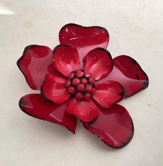 1960’s Cherry Red Poppy Enameled Tin Brooch - Gem
