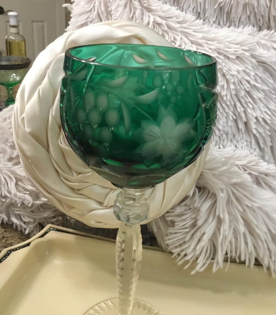German Cut Crystal Wine Glass Goblet - Vibrant Green - Grape and Star ...
