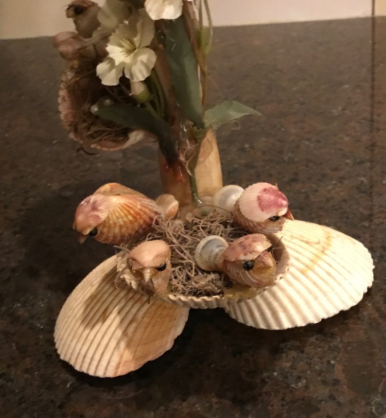 Vintage Folk Art Sea Shell Figurine - Birds Nesting in a Tree ...